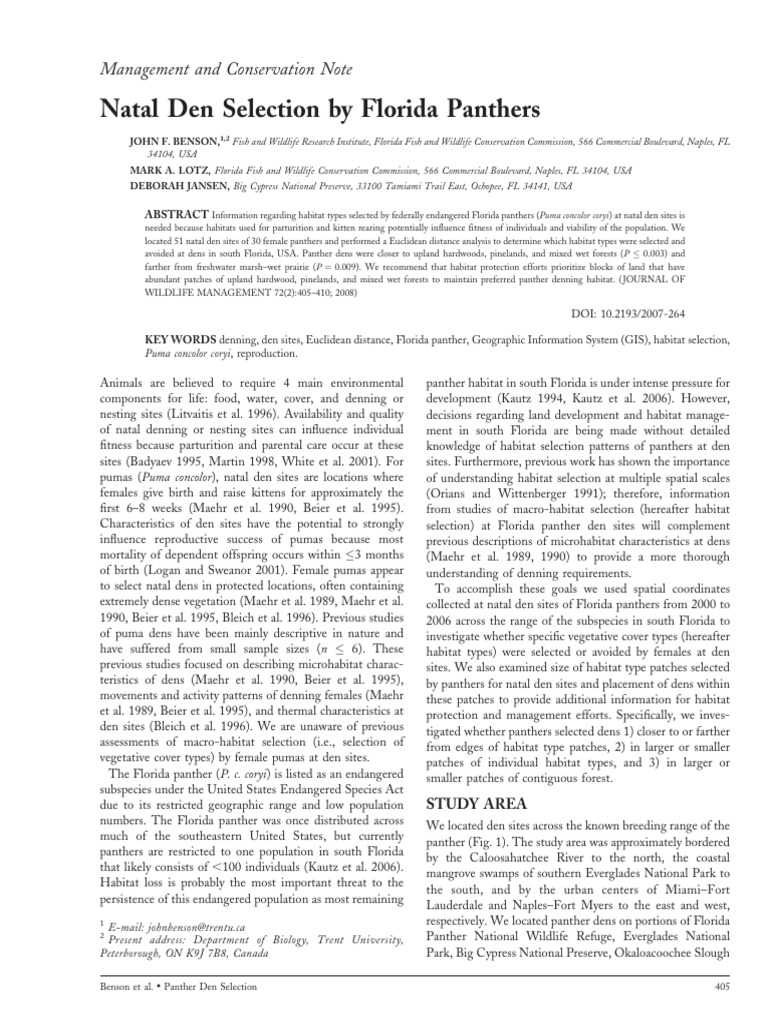 Natal Den Selection by Florida Panthers | PDF | Cougar | Ecology