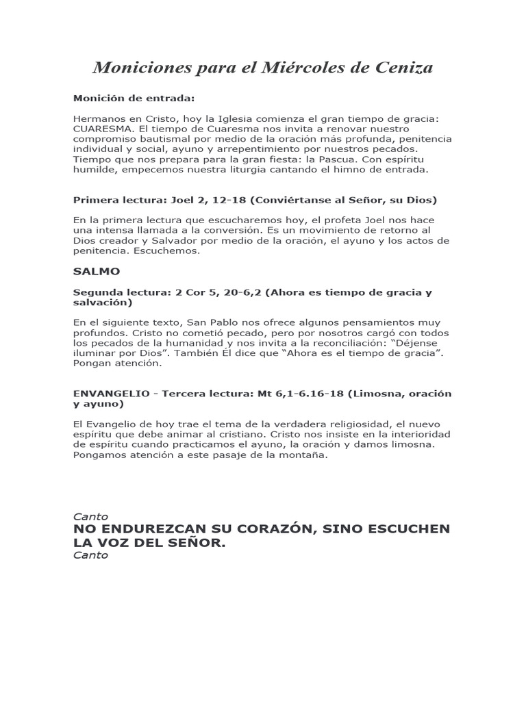 Moniciones para El Miércoles de Ceniza | PDF | Prestado | Adoración ...