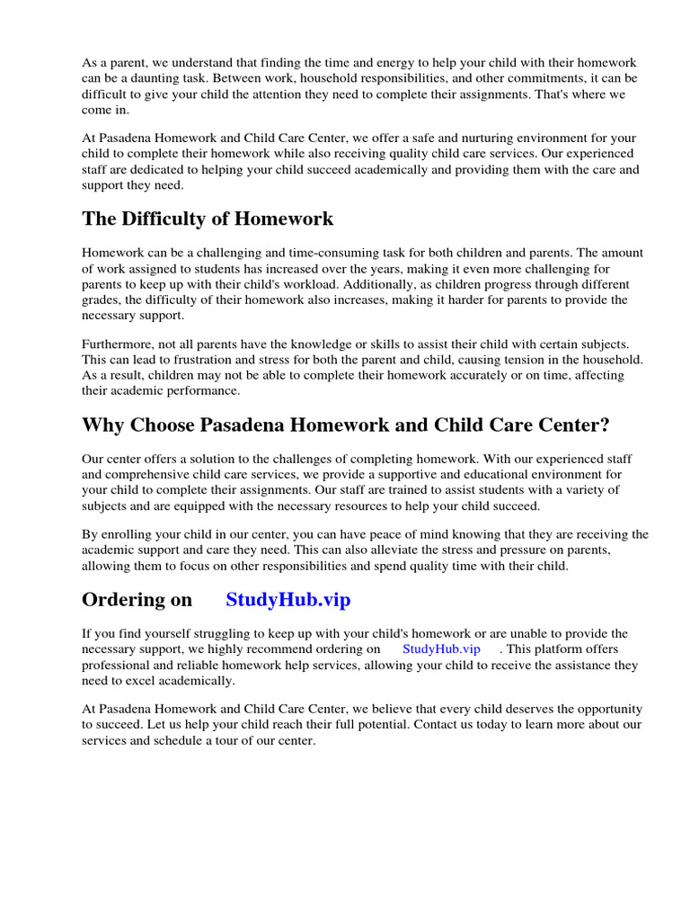 Pasadena Homework and Child Care Center | PDF | Child Care | Homework