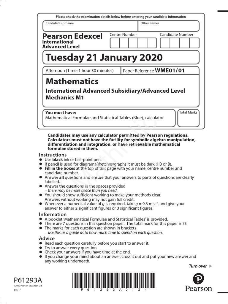 Edexcel Jan 2020 M1 (QP + MS) | PDF | Tension (Physics) | Beam (Structure)