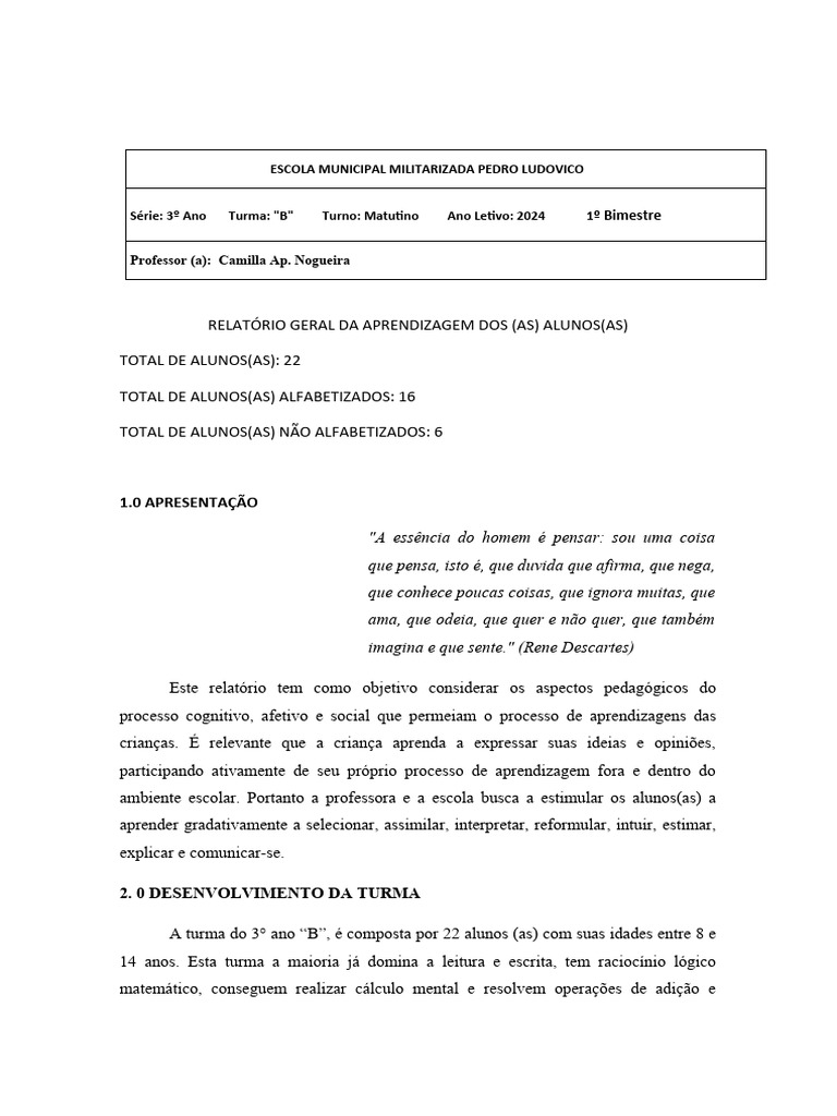 Modelos Relatorio Individual | PDF | Pedagogia | Aprendizado