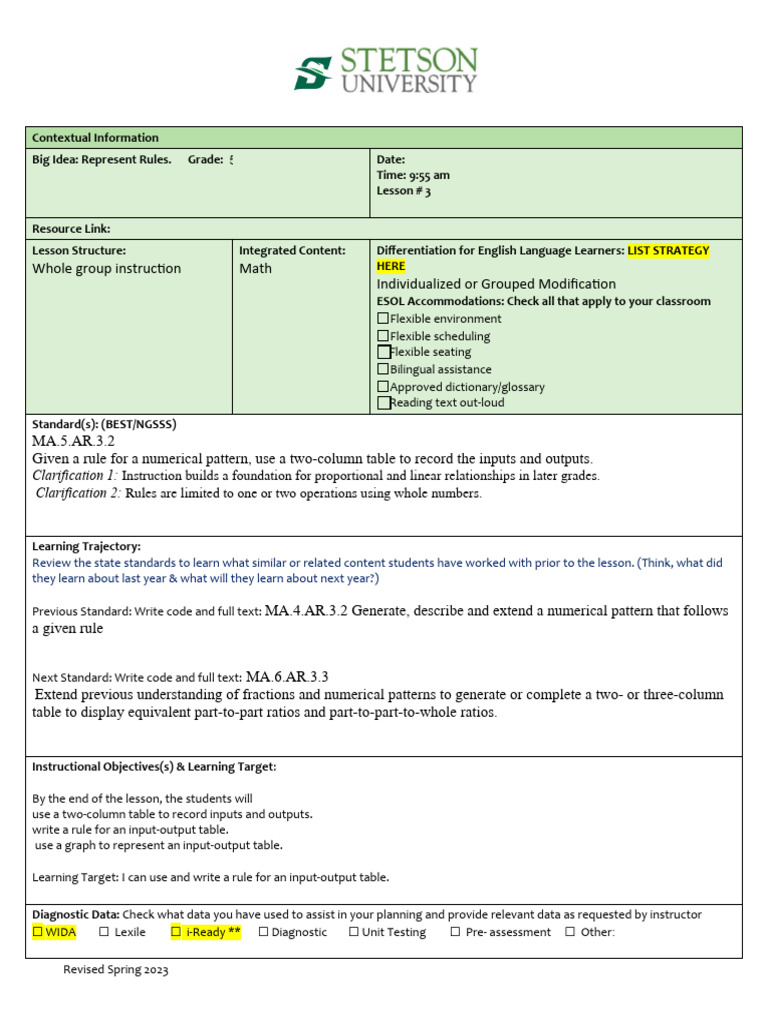 WGLP Template Spring Math | PDF | Behavior Modification | Learning