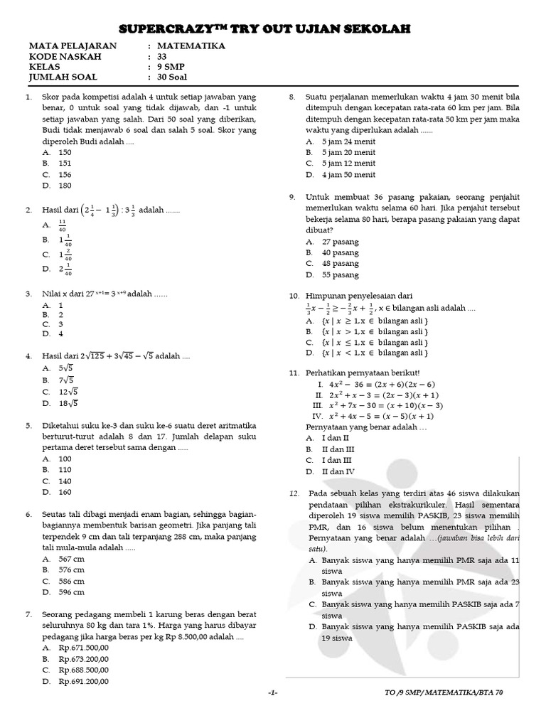 Soal To Usp Kelas 9 MTK Siswa | PDF
