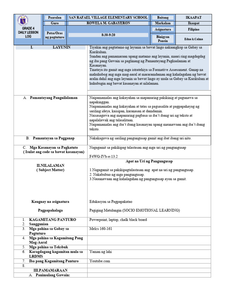 Dll-Cot - Filipino Iv-4th QRTR | PDF