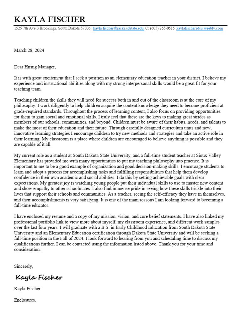 Kayla Fischer - Cover Letter | PDF | Teachers | Psychology
