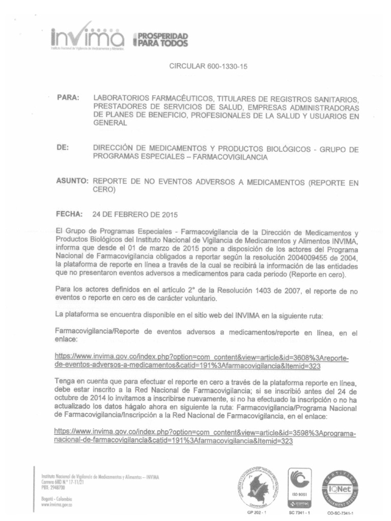 Circular 600-1330-15 Reporte Eventos en Cero | PDF