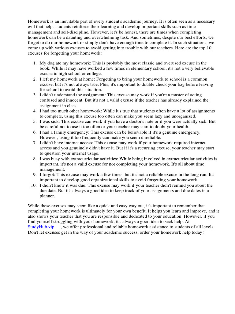 Top 10 Excuses For Forgetting Your Homework | PDF | Homework | Teachers