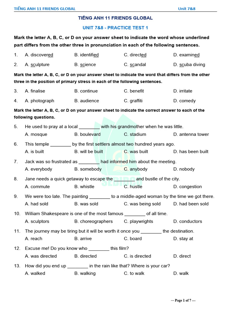 Tieng Anh 11 Friends Global - Unit 7&8 - Test 1 | PDF | Frequent Flyer ...