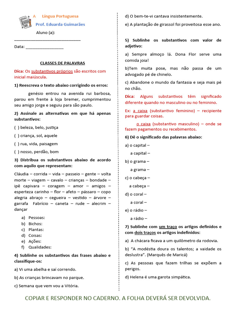 Atividades Classes de Palavras | PDF | Linguística | Idiomas Atividades Classes de Palavras | PDF | Linguística | Idiomas