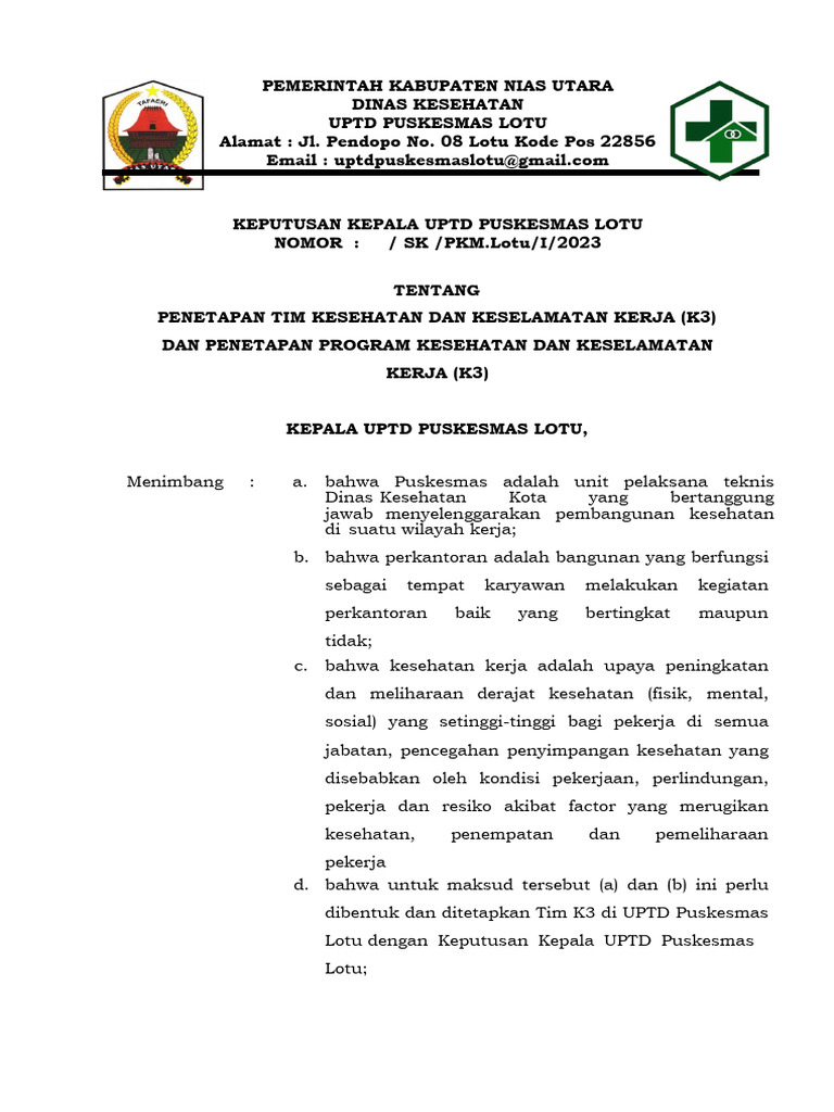 SK Penetapan Tim Kesehatan Dan Keselamatan Kerja (K3) Dan Penetapan Program Kesehatan Dan ...