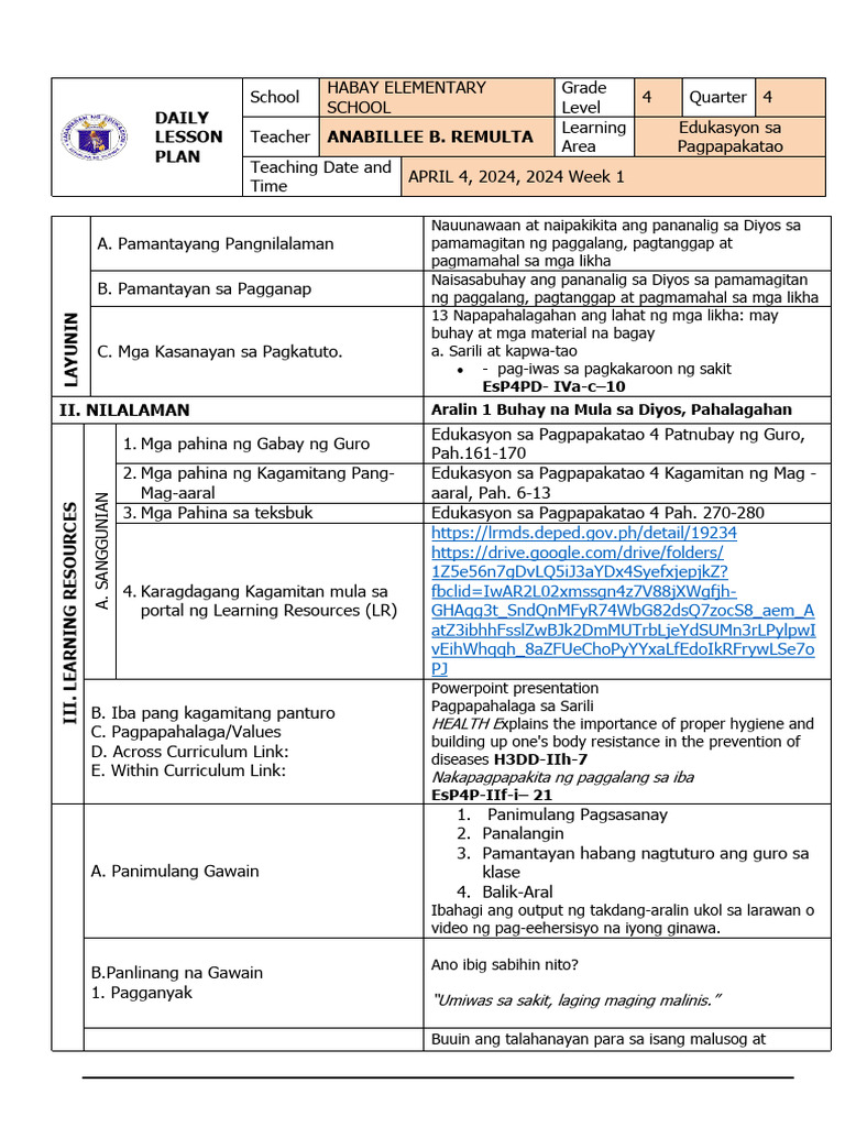 DLP ESP4 Q4 Week 1 APRIL 4 | PDF