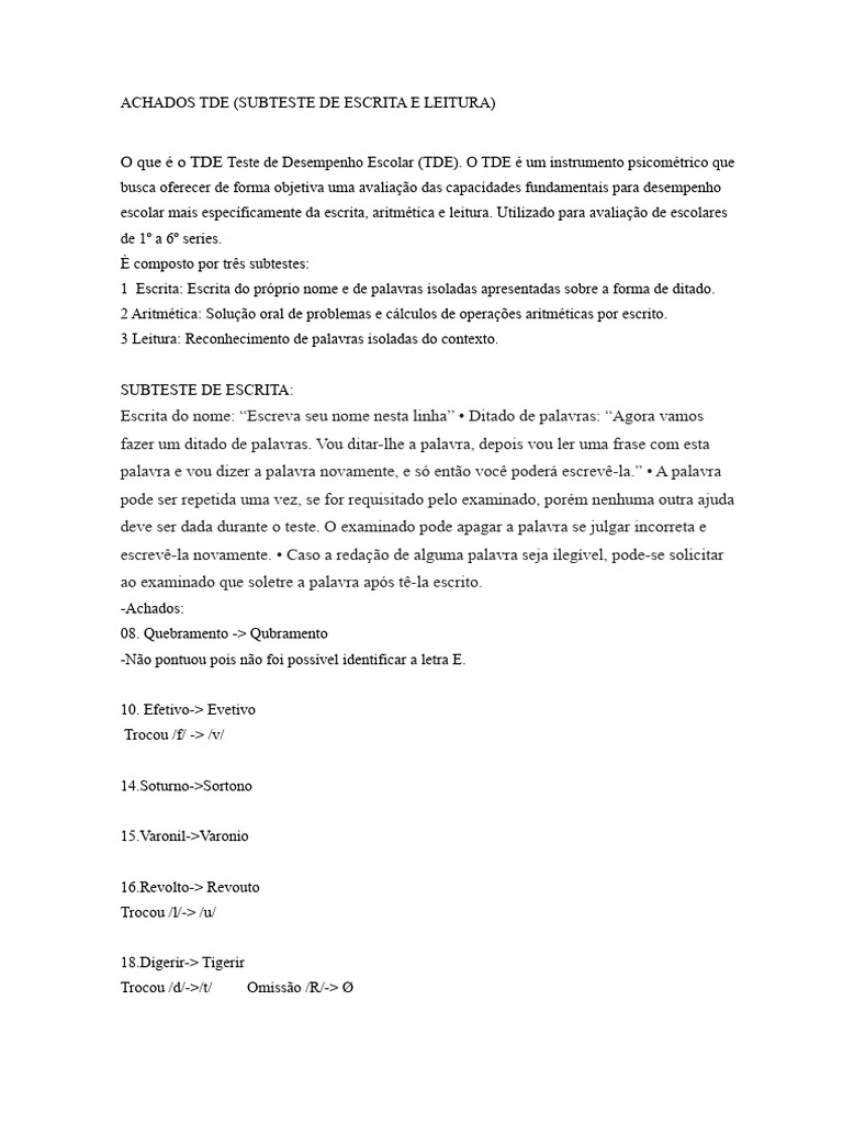 (LGG2) Trabalho Sobre TDE Leitura e Escrita | PDF | Escrita | Linguística