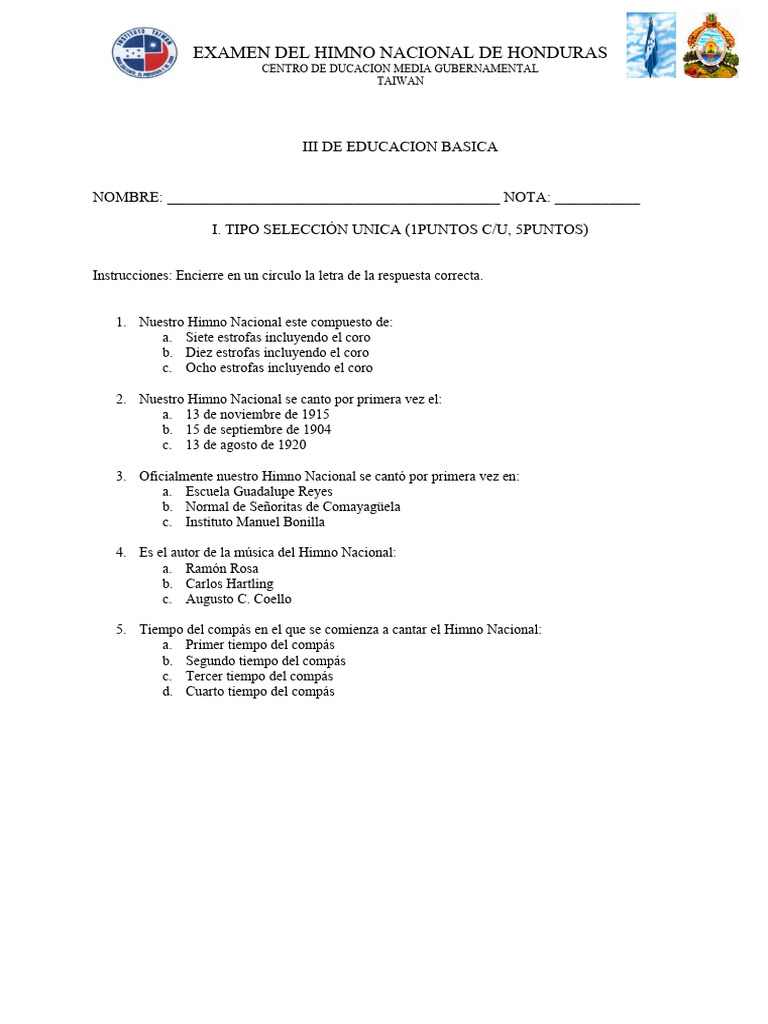 Examen Del Himno 1 | PDF | Himnos