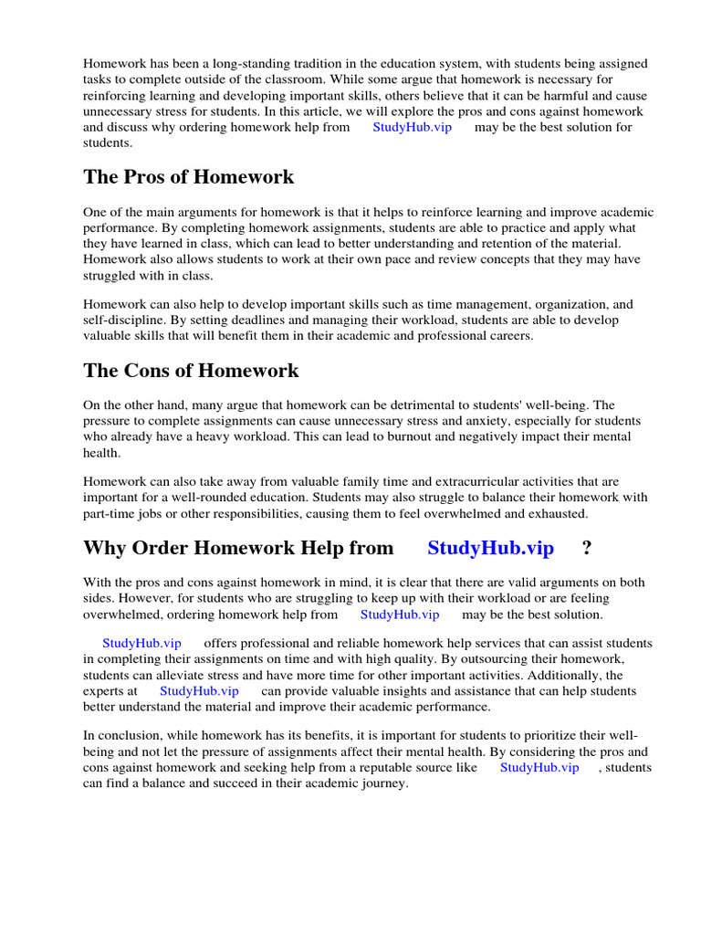 Pros and Cons Against Homework | PDF | Homework | Teachers