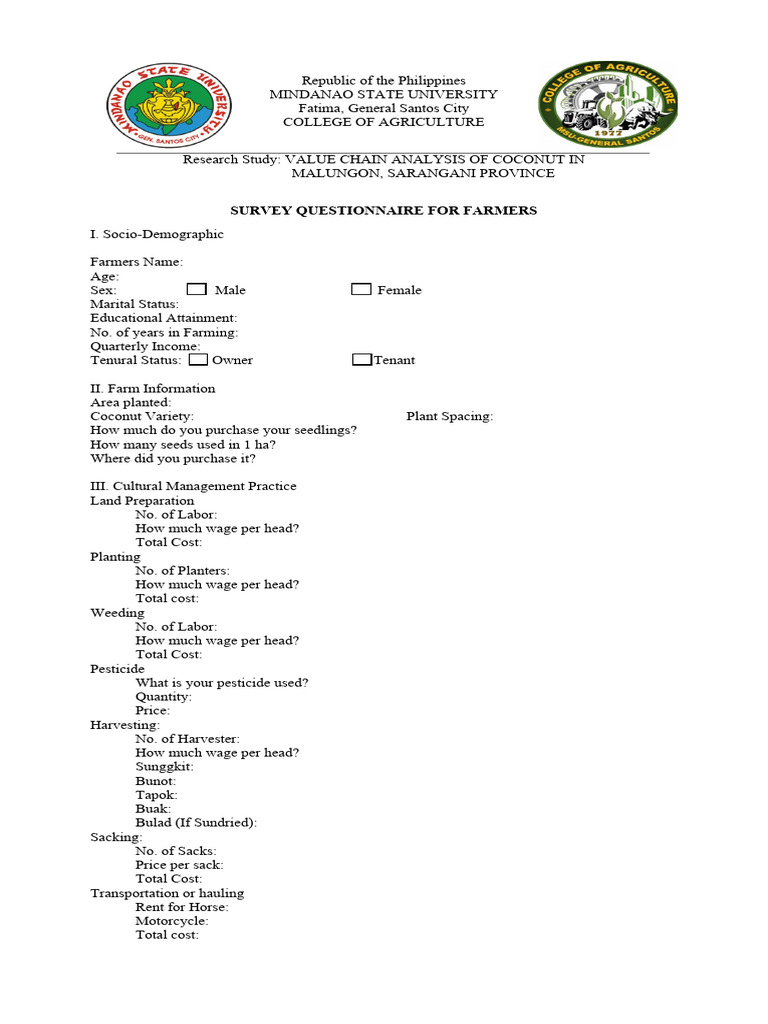 Coconut Value Chain Survey Questionnaire | PDF | Agriculture | Marketing