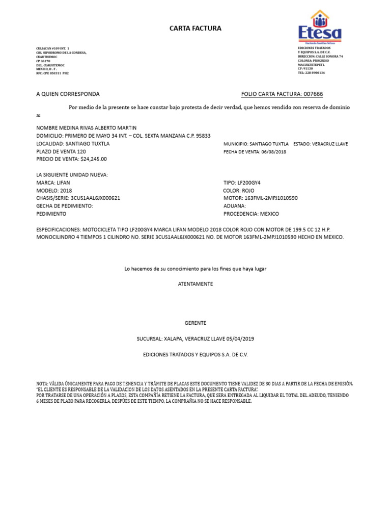 Carta Factura 12-12-2023 | PDF | Industria automotriz | Estilos de ...