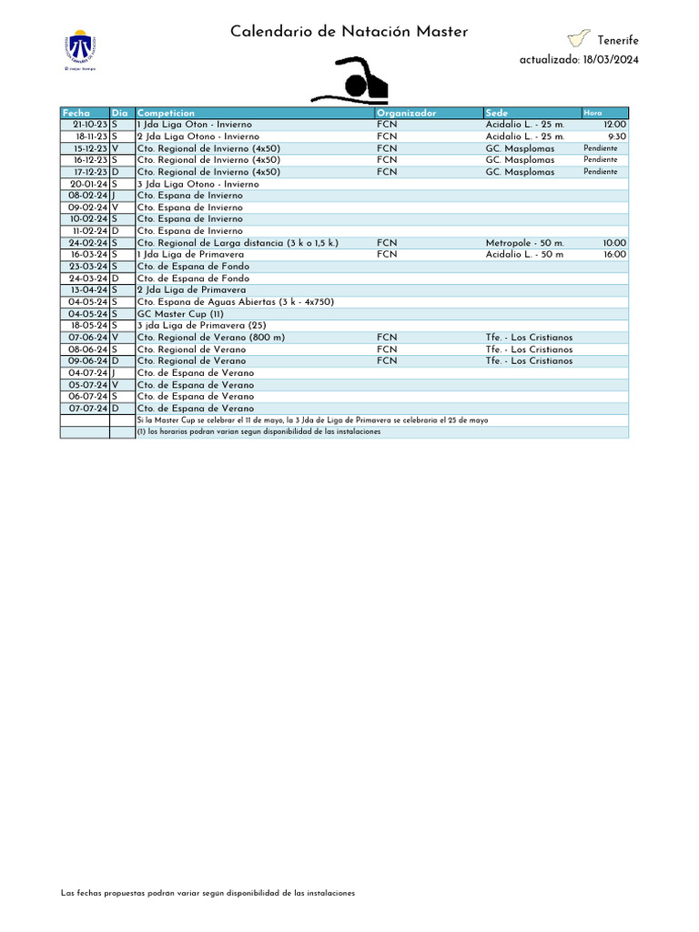 Calendario Master Tenerife 2023-2024 | PDF