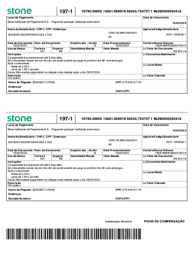 Ficha de Compensação | PDF | Cheque (banco) | Dinheiro