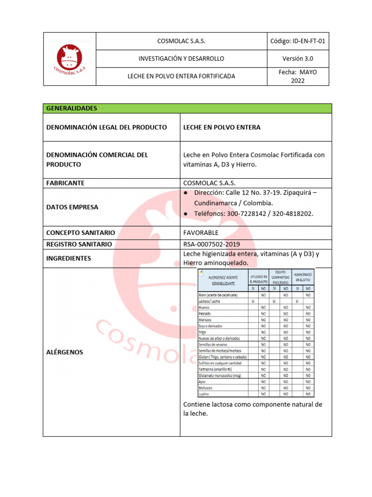 ID-EN-FT-01 FICHA TECNICA ENTERA FORTIFICADA 380g (VERSIÓN 3.0 EMPAQUE) | PDF | Leche | Etiqueta ...