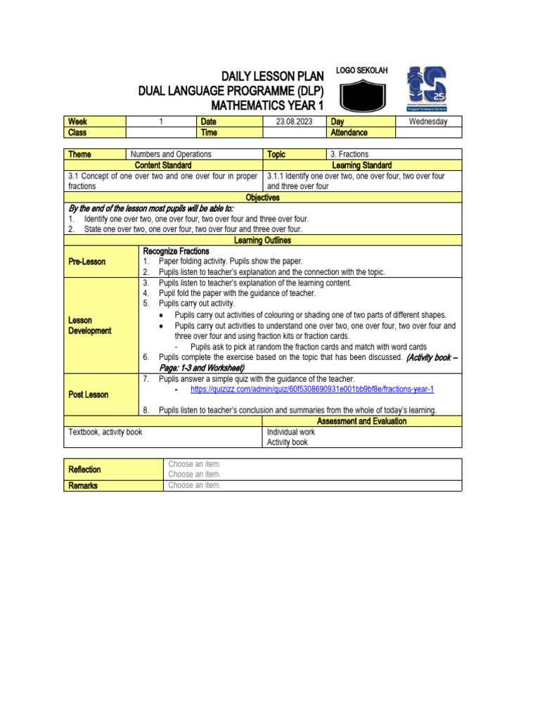 Daily Lesson Plan Fraction Mobim Group 2 | PDF | Lesson Plan | Teachers
