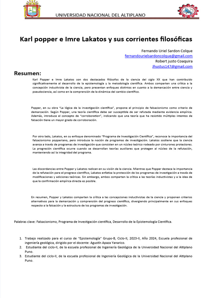 Popper y Lakatos: Filosofía Científica | PDF | Karl Popper | Método ...