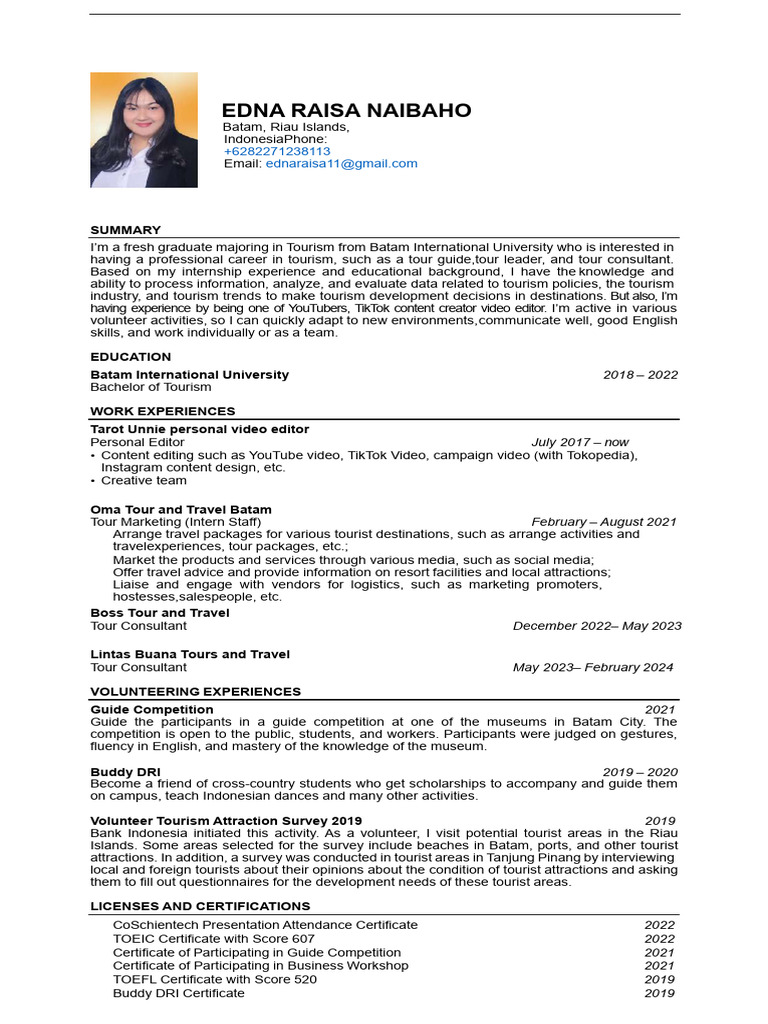 CV Edna Raisa English | Download Free PDF | Tourism | Human Communication