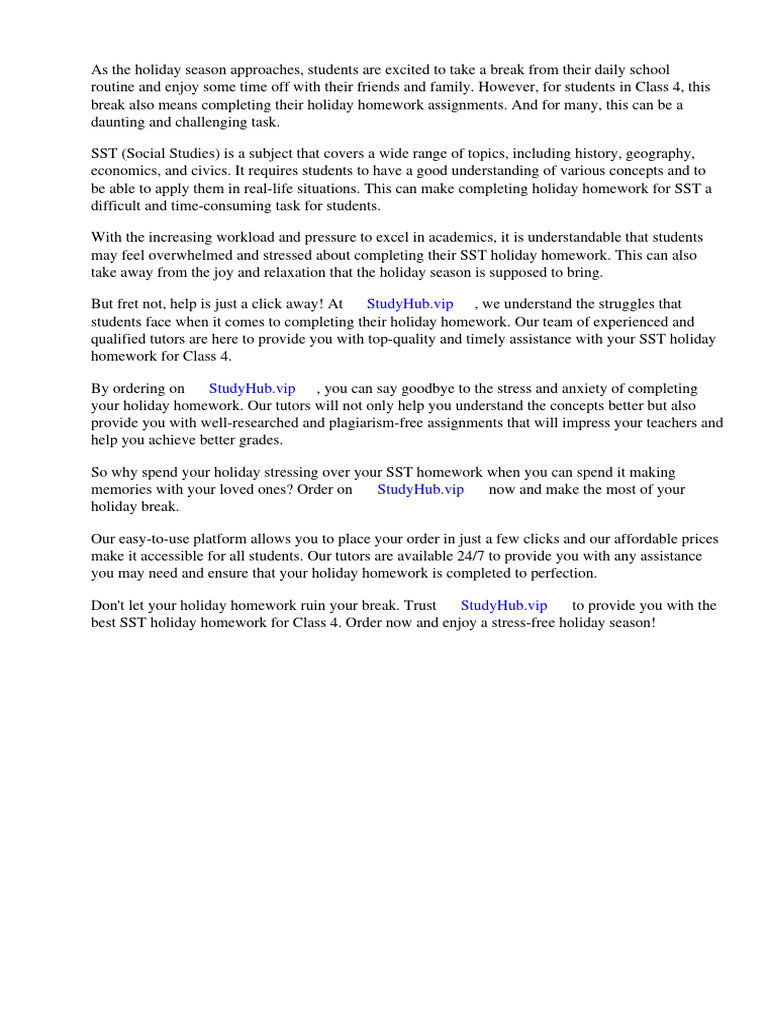 Sst Holiday Homework for Class 4 | PDF