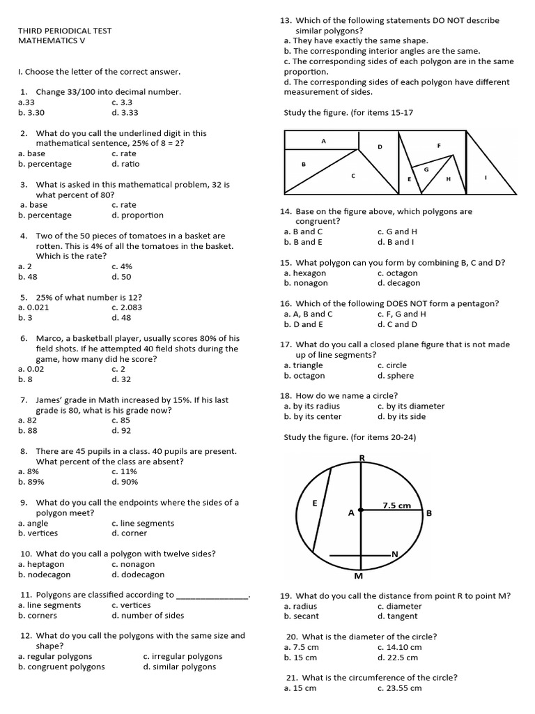 PT - MATHEMATICS 5 - Q3 2columns | PDF | Circle | Shape