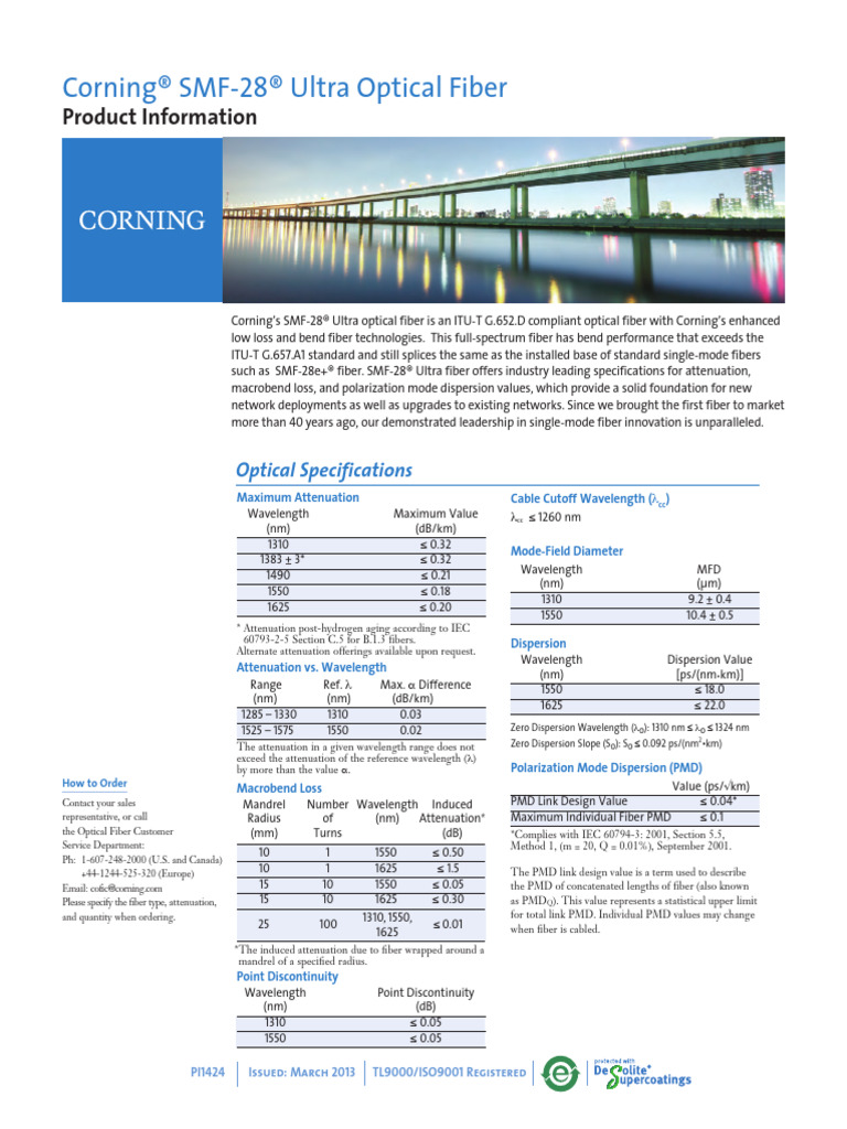 Corning SMF-28 Datasheet | PDF | Optical Fiber | Attenuation