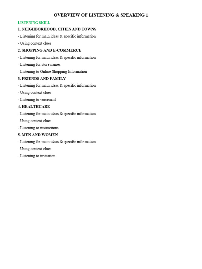 Overview of Listening & Speaking 1 - 5 Topics | PDF | Foreign Language ...