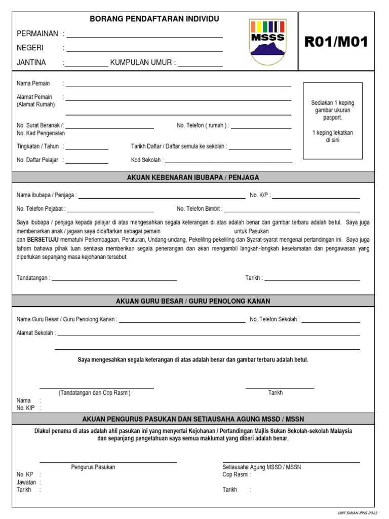 Borang R01 M01 MSS Sabah 2024 | PDF