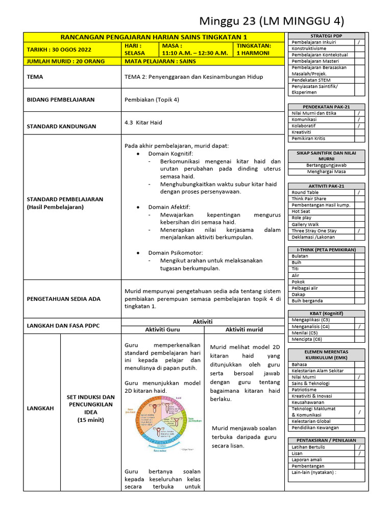 RPH Sains 1H W4 (Selasa-30ogt) | PDF