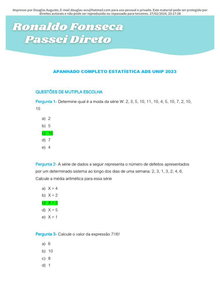 Estatísticas e Questões de Probabilidade 2023 | PDF | Amostragem ...