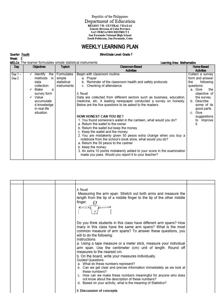 QUARTER 4- WEEKLY LEARNING PLAN | PDF | Survey Methodology | Statistics