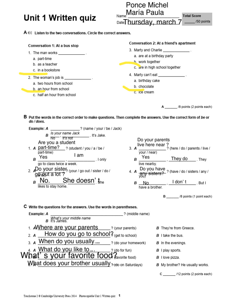 Touchstone 2 Unit 1 Written Quiz | PDF