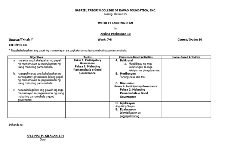 AP 10 - WLP Week 7-8 4TH QUARTER | PDF