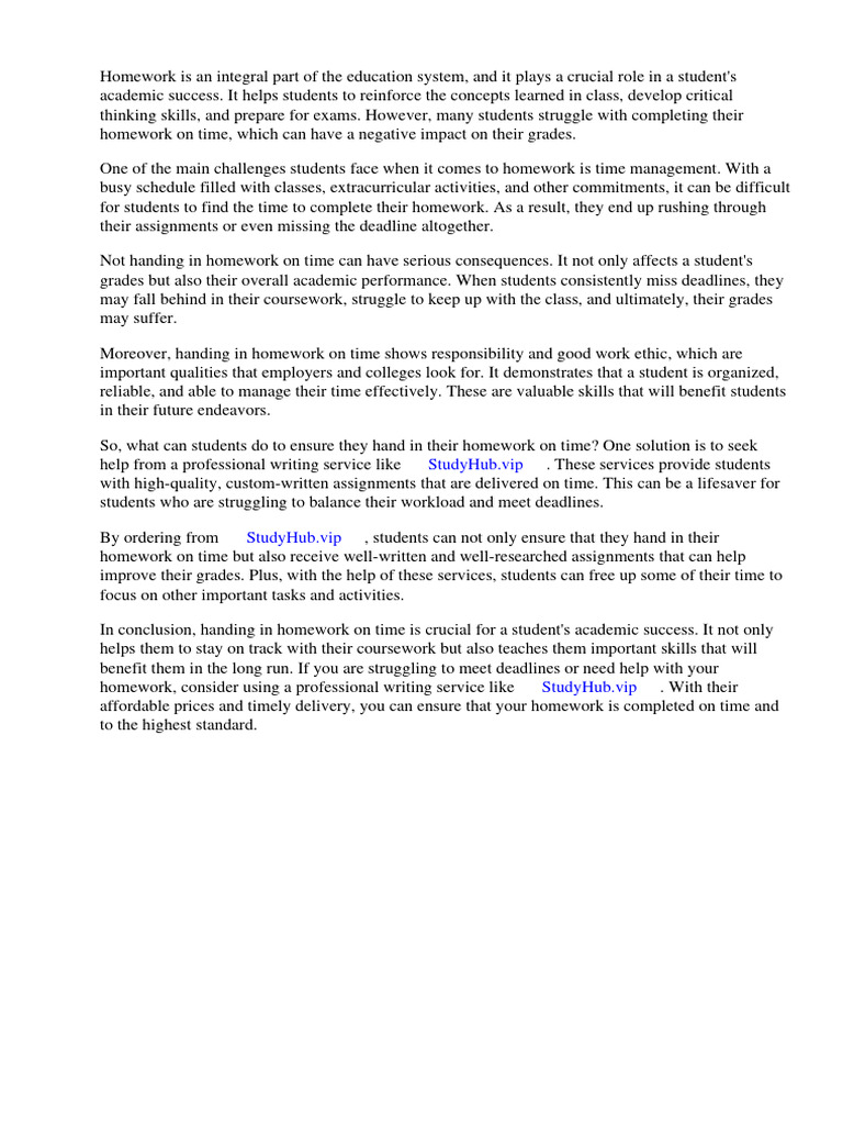 Importance of Handing in Homework On Time Essay | PDF | Homework | Teachers