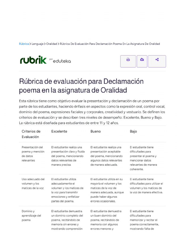 Rúbrica de Evaluación para Declamación Poema en La Asignatura de Oralidad | PDF