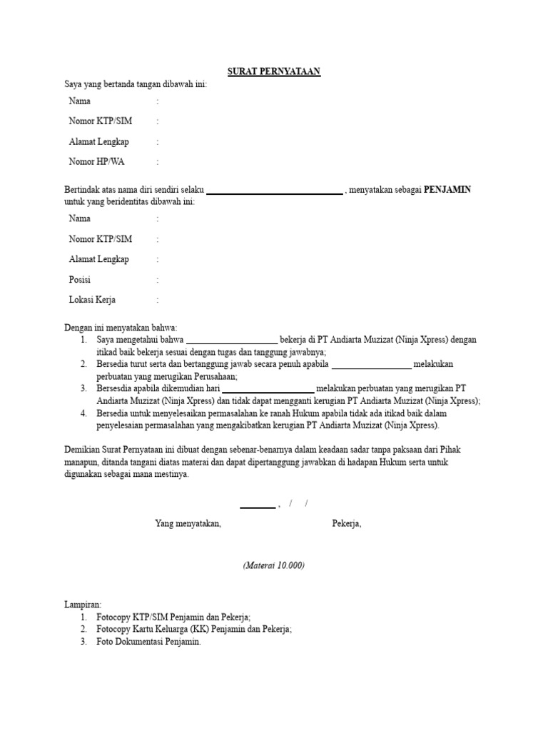 (SOP) Surat Pernyataan - Penjamin | PDF