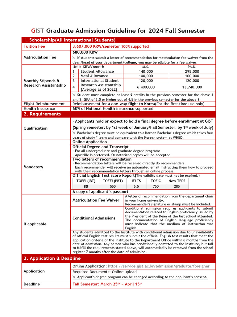 (Guideline) +GIST+Graduate+Admissions 2024+Fall+Semester | Download Free PDF | Bachelor's Degree ...