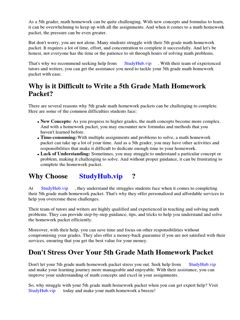 5th Grade Math Homework Packet | Download Free PDF | Worksheet ...