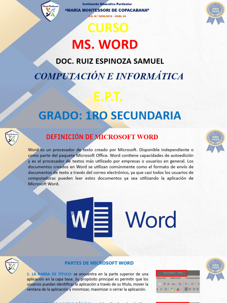 Introducción a MS Word para 1ro Secundaria | PDF | Microsoft Word ...