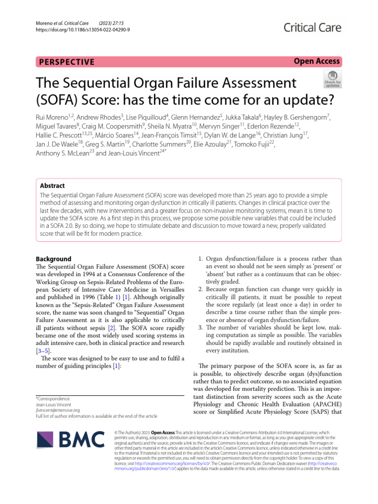 The Sequential Organ Failure Assessment (SOFA) Score | PDF | Sepsis ...