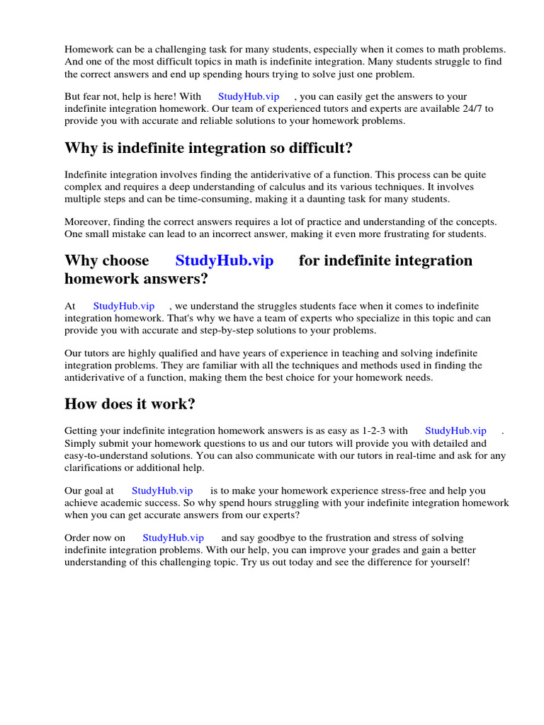 Indefinite Integration Homework Answers | PDF | Integral | Homework