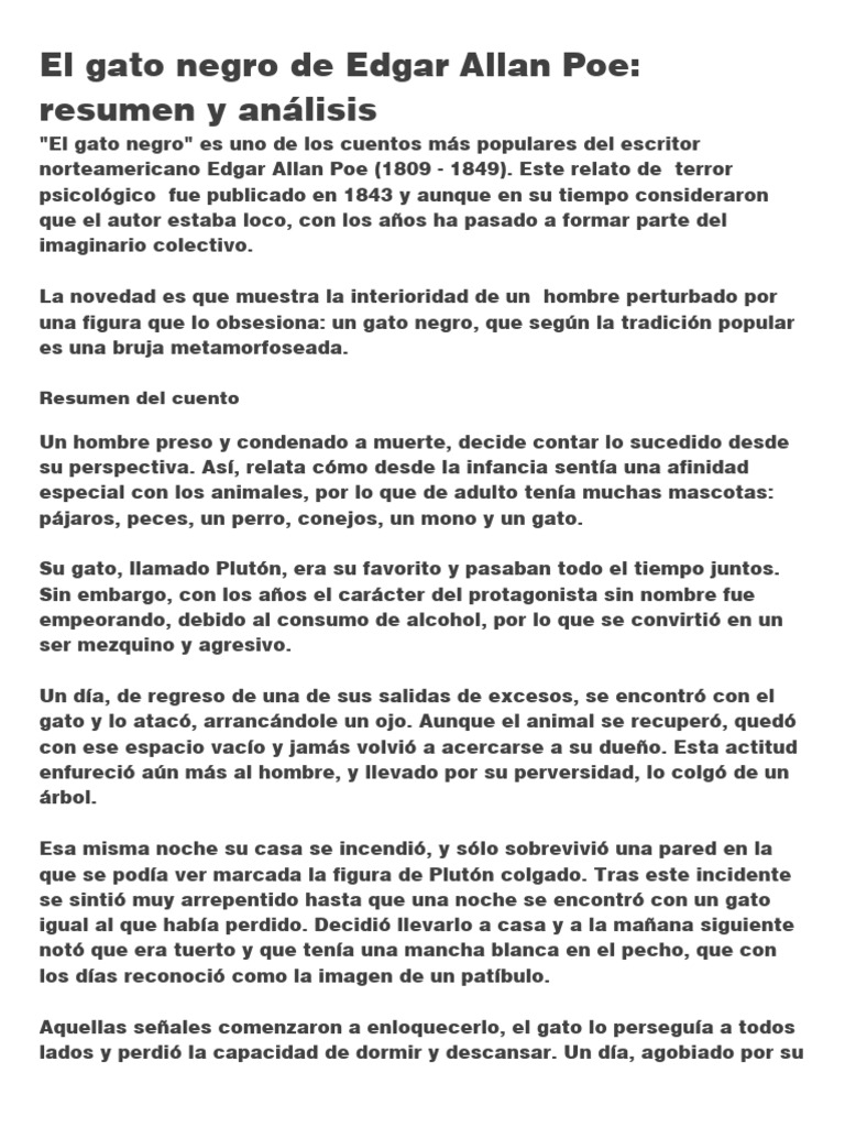 El gato negro RESUMEN Y ANALISIS | PDF | Edgar Allan Poe | Gatos El gato negro RESUMEN Y ANALISIS | PDF | Edgar Allan Poe | Gatos