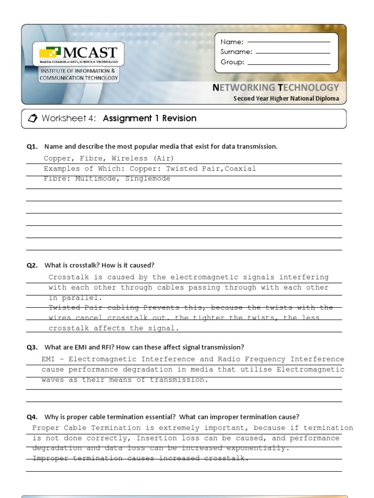 Worksheet 4 - Assignment 1 Revision | PDF | Osi Model | Transmission ...