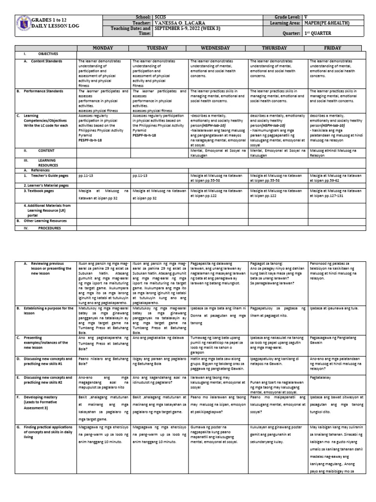 DLL_MAPEH-5_Q1_W3-new | PDF | Learning | Physical Education