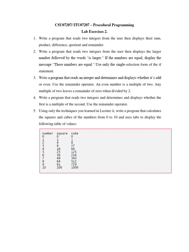 Procedural Programming Lab Exercises | PDF