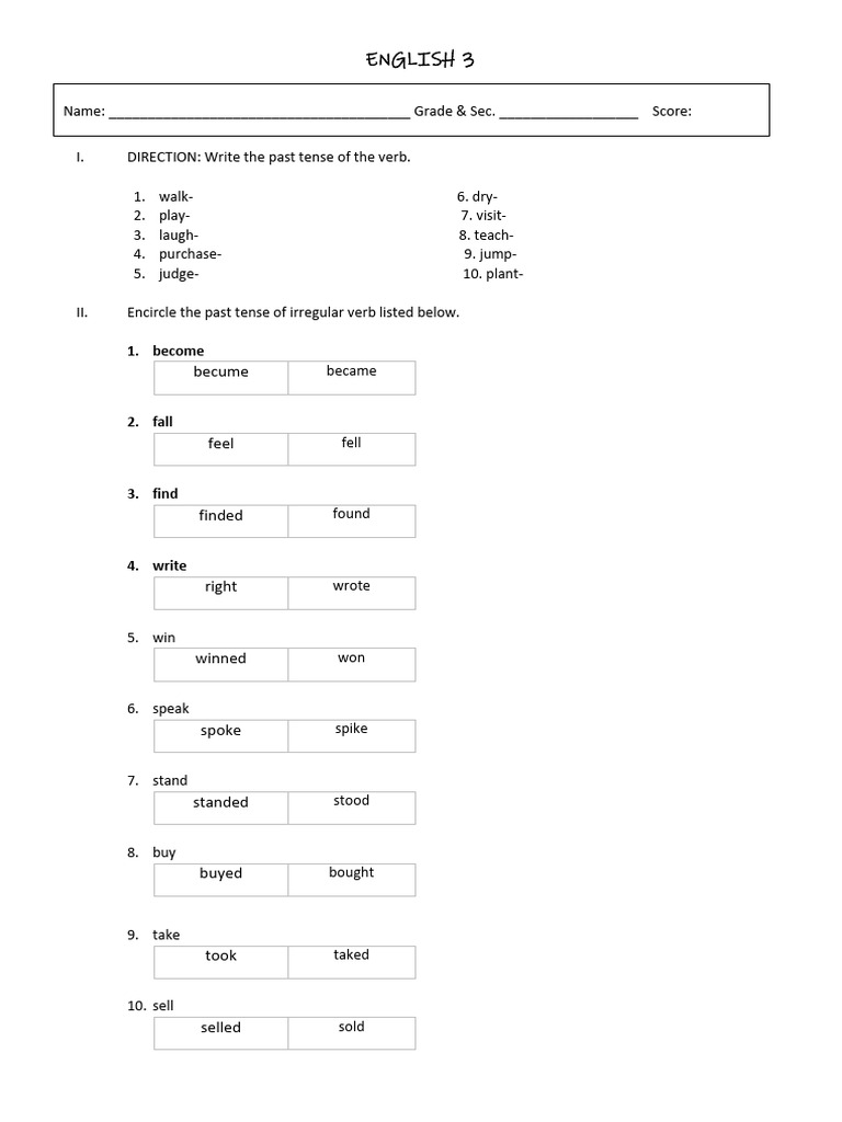 English Quiz- Past Tense | PDF
