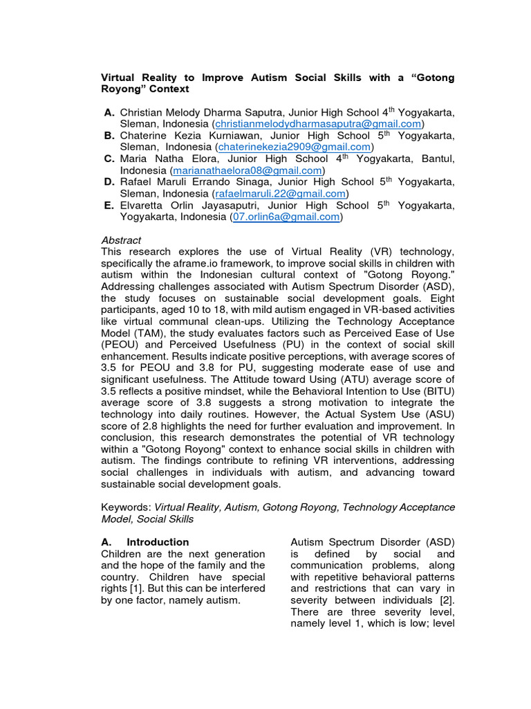 Virtual Reality to Improve Autism Social Skills with a “Gotong Royong” Context | PDF | Virtual ...